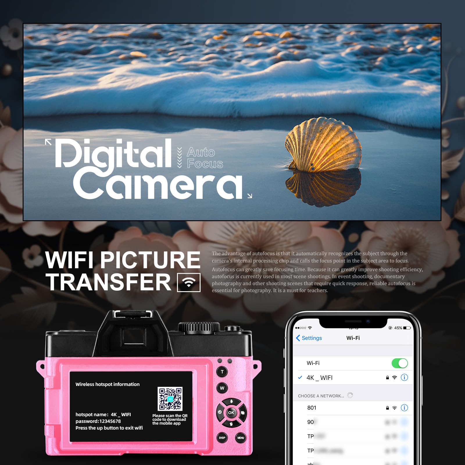 4K Digital Cameras for Photography, 48MP Vlogging Camera for YouTube with WiFi, 180° Flip Screen Compact Camera with Flash, 16X Digital Zoom Travel Camera with Wide-Angle &Macro Lens (Pink)