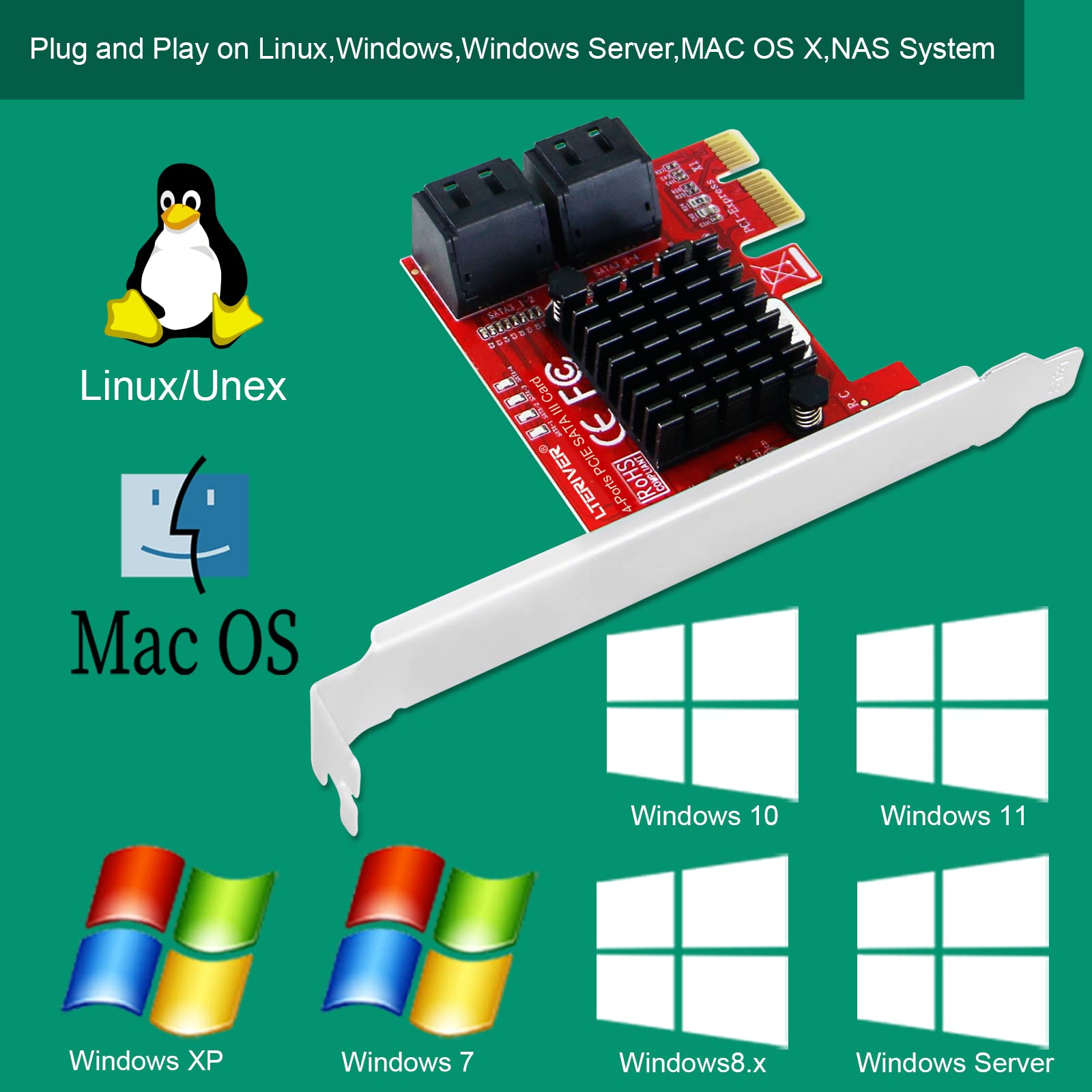 LTERIVER PCIE to 4-Ports 6Gbps SATA III Card for Windows Server, XP, 7, 8.0, 8.1, 10, 11(32/64), MAC OS and Linux Desktop PCs-4X 6Gbps Max SATA 3.0 None Raid Ports-Support AHCI Boot Up (PCE-G2S4)