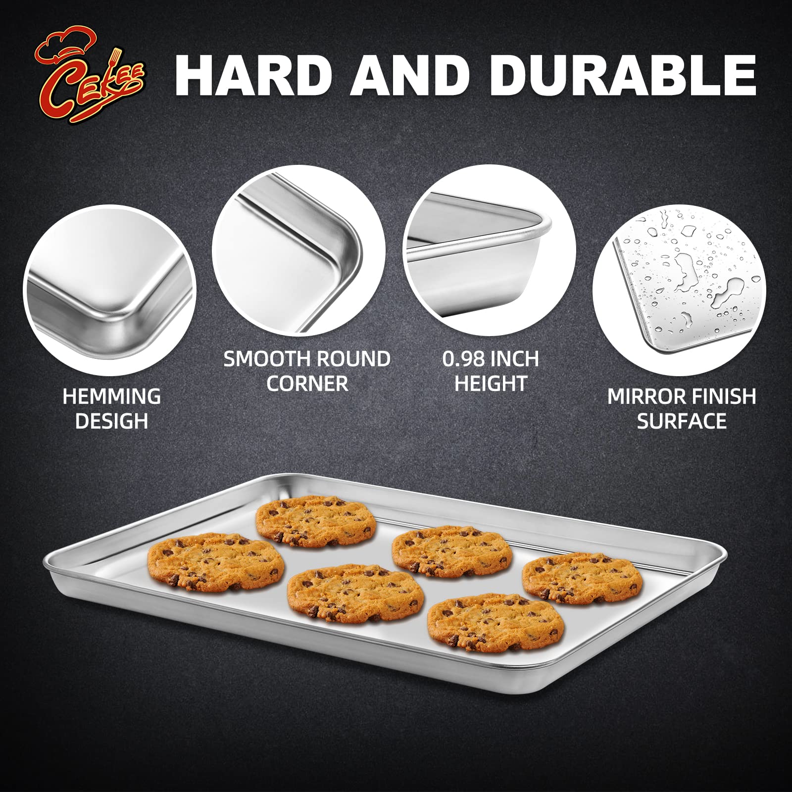 4 Pieces Quarter Sheet Pan, CEKEE Stainless Steel Cookie Sheets for Baking, Baking Sheets For Oven, Baking Pan Tray Cookie Pan, Warp Resistant & Heavy Duty Baking Pans Set - Size 12 x 10 x 0.98 Inch