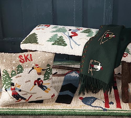 Chandler 4 Corners Artist-Designed Ski Hand-Hooked Wool Decorative Throw Pillow (18β x 18β) Ski Pillow for Couches & Beds - Easy Care & Low Maintenance - Square Winter Pillow for Cabins & Lodges