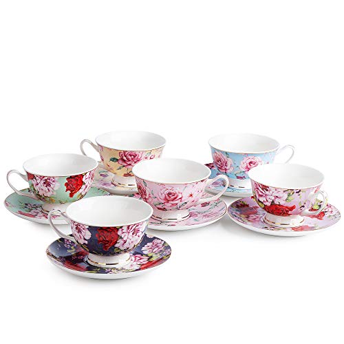 BTaT- Tea Cups, Tea Cups and Saucers Set of 6, Tea Set, Floral Tea Cups (8oz), Tea Cups and Saucers Set, Tea Set, Porcelain Tea Cups, Tea Cups for Tea Party, Rose Teacups, China Tea Cups (Bone China)