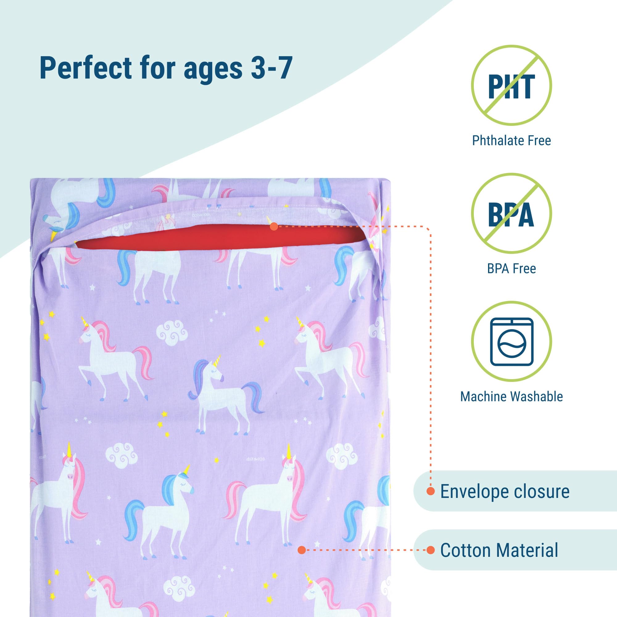 Wildkin Kids Nap Mat Cover – Soft, Sewn-in Flap, Durable & Fits 1.5"" Vinyl Sleep Mats - Unicorn