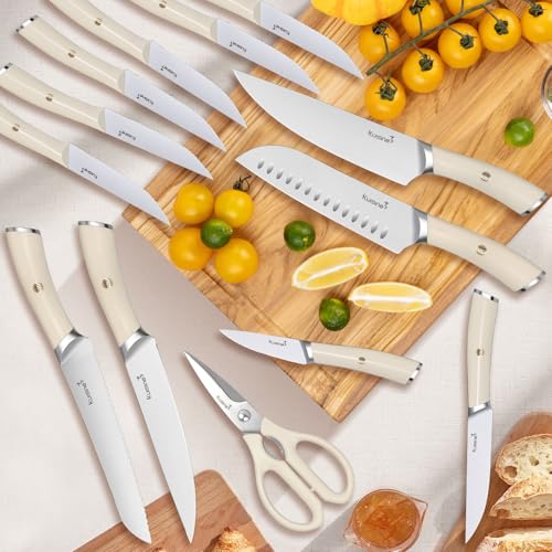 Kuisine Chef Knife Set Kitchen Utensil Set,High Carbon Stainless Steel Knife Set,Knife Block Set with Built-in Sharpener,Sharp Knife Set Forged,Elegant Gift(Ivory,15pcs)