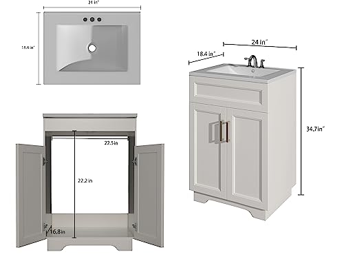 Bathroom Vanity with Sink 24 Inch, Wooden Double Door Bathroom Storage Vanity, Small Quick Assembly Bathroom Cabinet, White & Grey, White - Faucets and Downpipes Not Included (White)