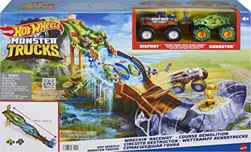 Hot Wheels Monster Trucks Wreckin' Raceway with 2 Toy Trucks: Bigfoot & Gunkster, Head-To-Head Race with Obstacles