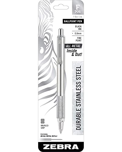 Zebra 29411 F-701 Ballpoint Stainless Steel Retractable Pen, Fine Point, 0.8mm, Black Ink (4)