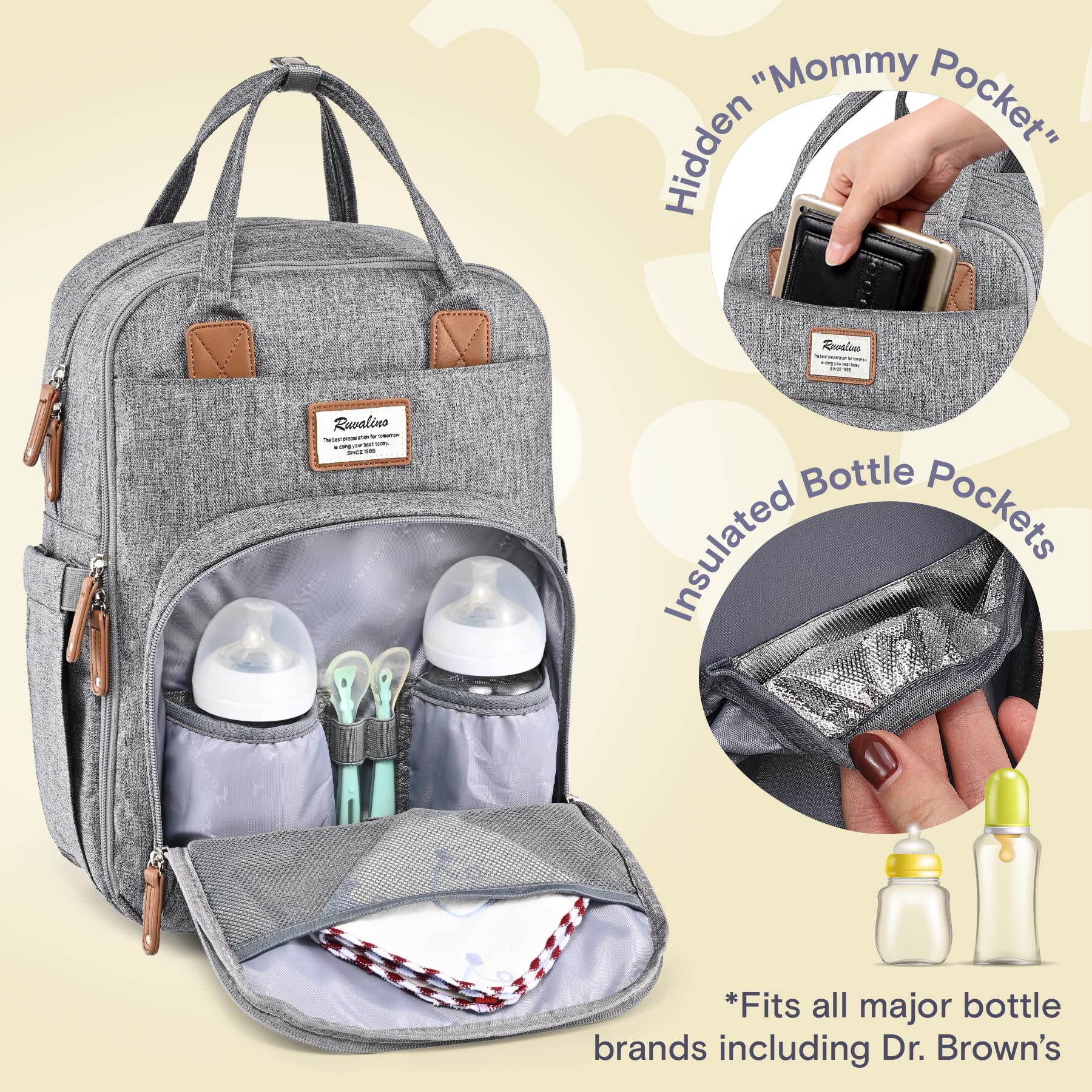 RUVALINO Diaper Bag Backpack, Stroller Hooks, Multifunction Travel Baby Back Pack with Changing Pad, Universal Stroller Clips for Mom Girls