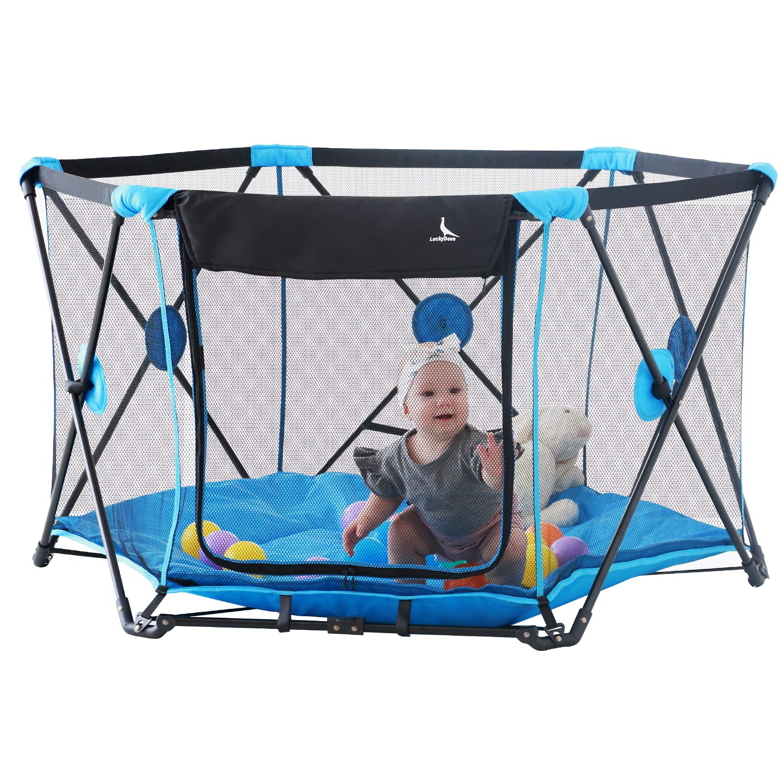LuckyDove Portable Playpen for Innfants and Toddlers,Portable Play Yard for Baby with Padded Floor,Kids Activity Centre,Baby PlayPen with Carrying Bag,Washable,Foldable.Size:53"Wx 30"H(Blue)