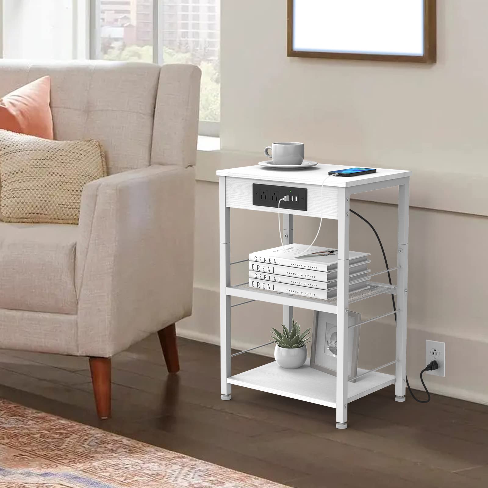 NOVIMANGO Nightstand with Charging Station End Tables White Side Table with USB Ports & Outlets Small Bedside Table with 3 Tier Storage Night Stand Table in Bedroom Living Room Dorm Office