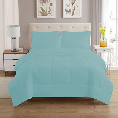 Sweet Home Collection 7 Piece Comforter Set Bag Solid Color All Season Soft Down Alternative Blanket & Luxurious Microfiber Bed Sheets, Misty Blue, Twin XL