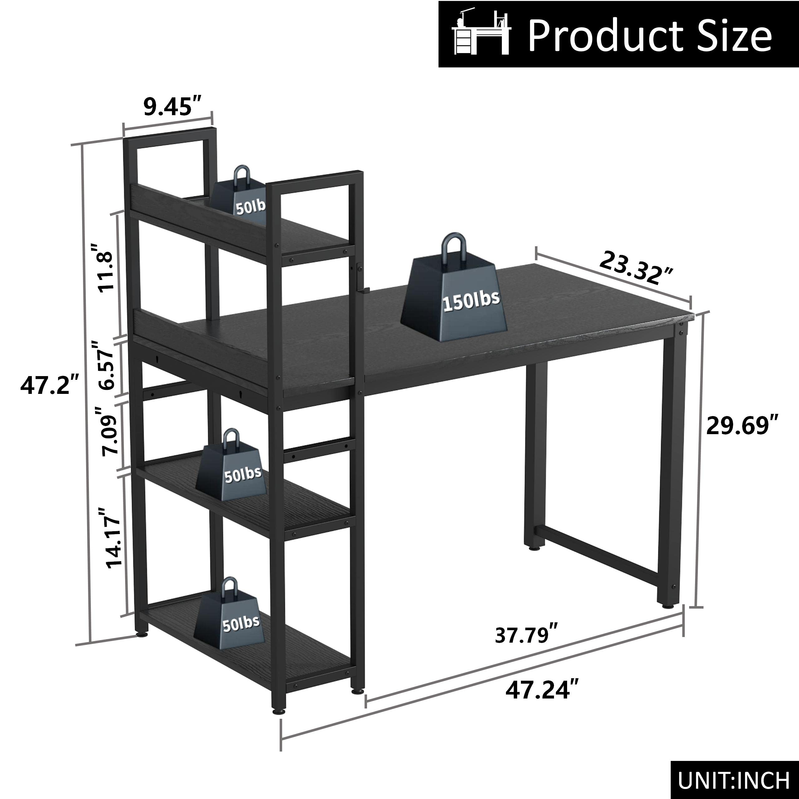 Napnapday 47 inch Computer Desk with Storage Shelves, Study Gaming Desk with Bookshelf Writing Table for Home Office Bedroom, Black