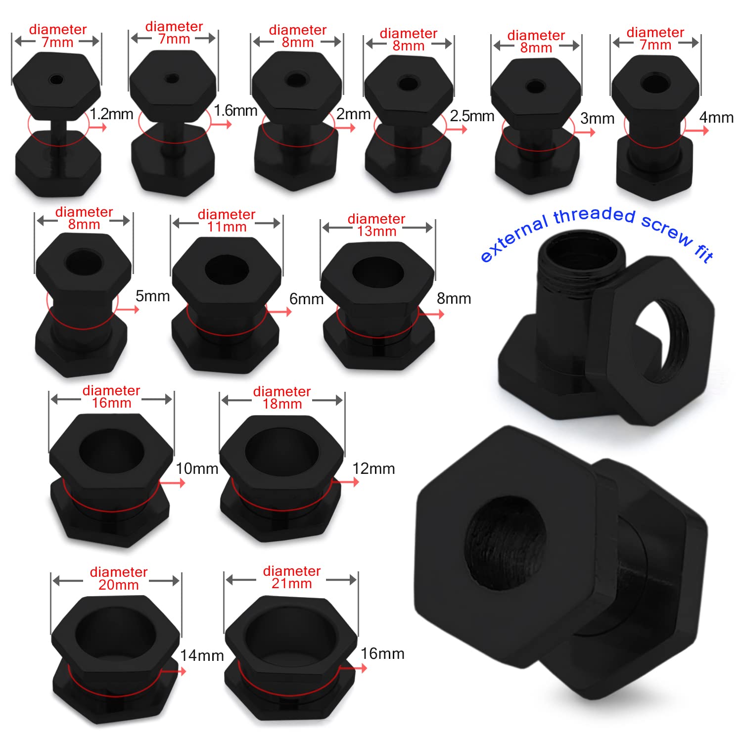 4 Gauge - 5MM Hexagon Black Anodized 316L Surgical Steel Flesh Tunnel - Sold by Piece