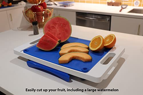 Karving King Dripless Cutting Board 2 in 1 System Non Slip Feet & Spikes Hold Food in Place while Carving Juice Groove Fills Drip Collection Drawer for Gravy & Easy Clean Up - Blue