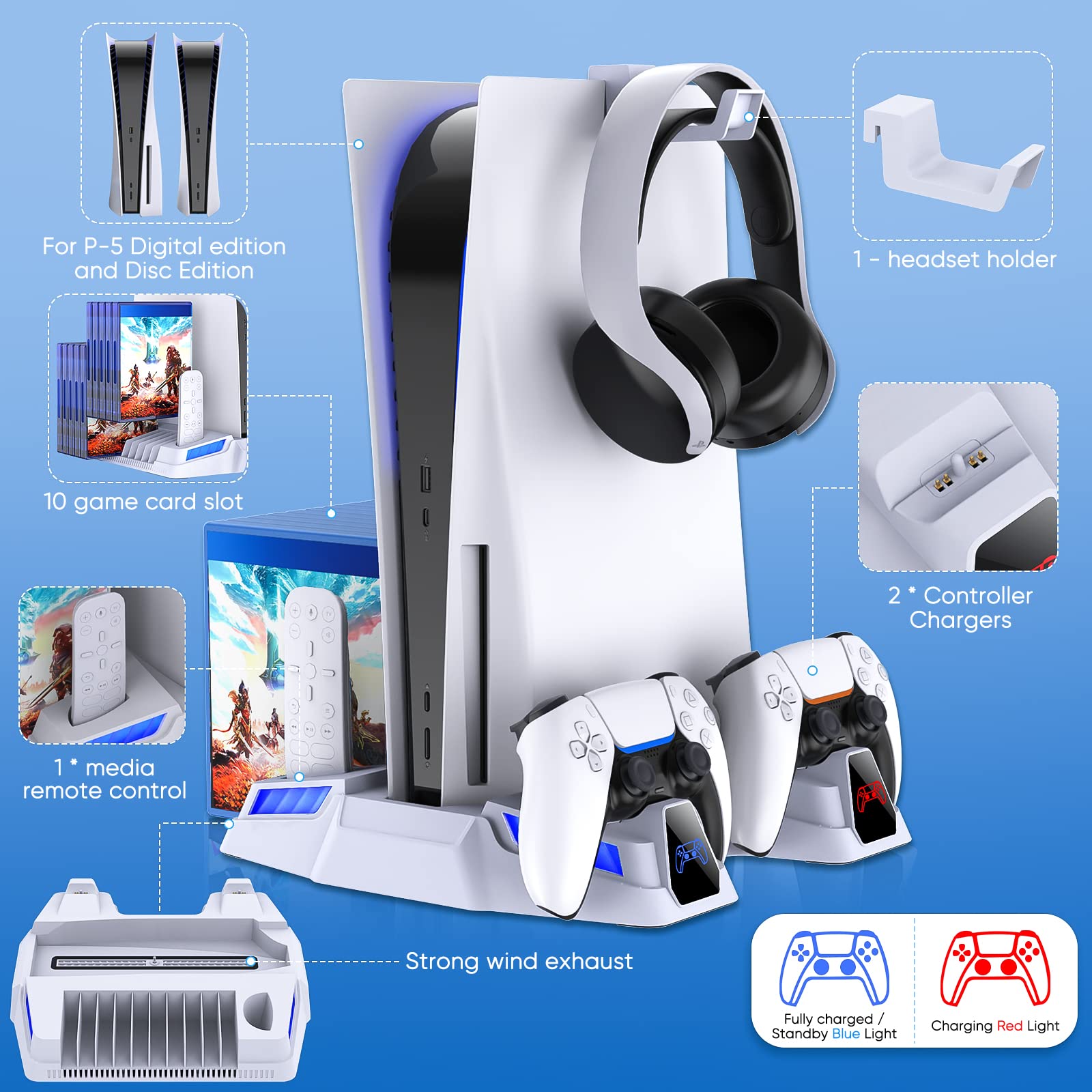 5 in 1 Stand for PS5 with Cooling Fan and Controller Charger, Console Cooling & Dual Charging Station Accessories Vertical Stand with 10 Games/Media Remote Organizer Headset Holder for Playstation 5