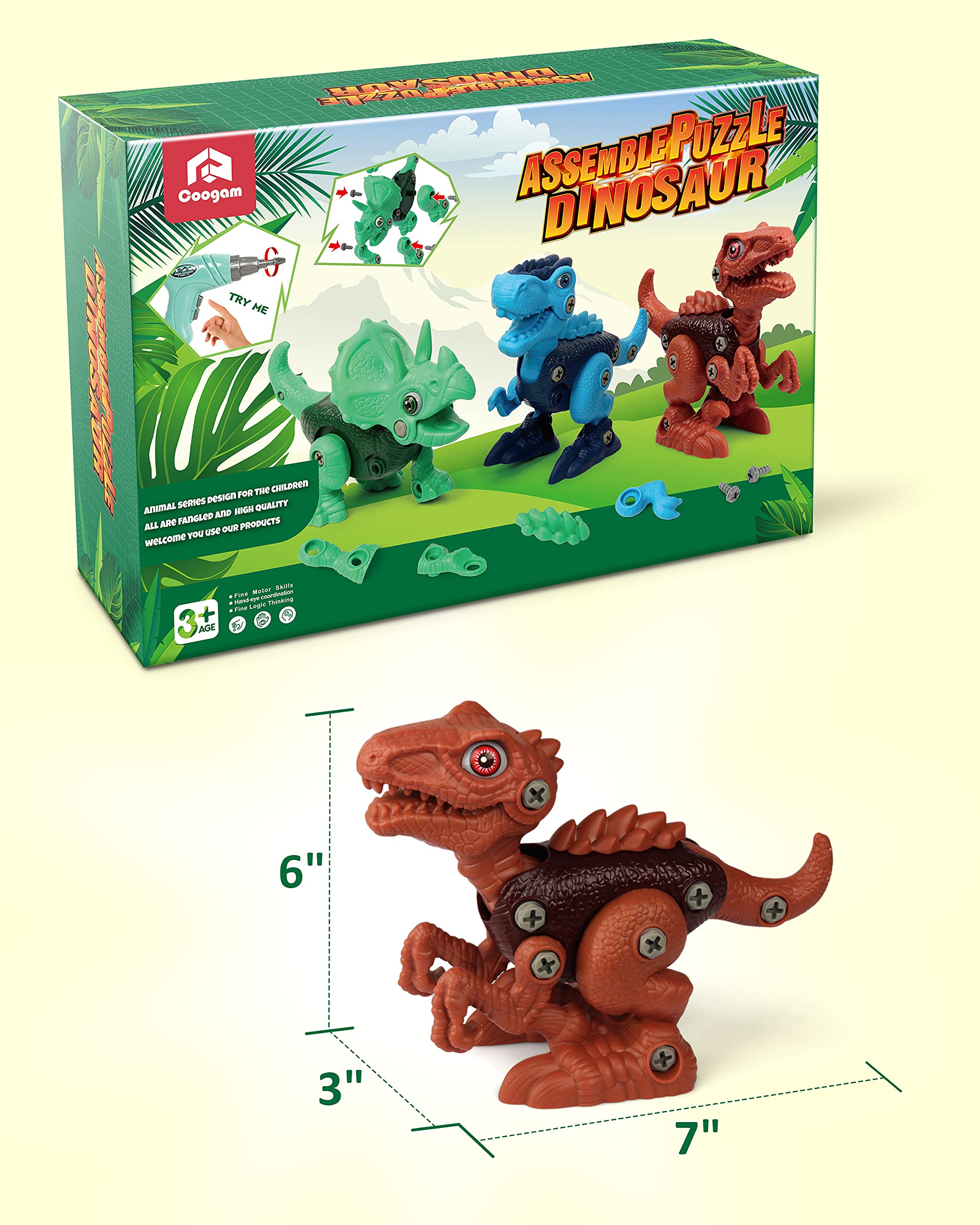 Coogam Take Apart Dinosaur Construction Toys 3 Pack, Fine Motor Skill Building Dinosaur Set STEM Educational Gift Game with Drill-Tyrannosaurus, Triceratops, Velociraptor for Year Old Kids