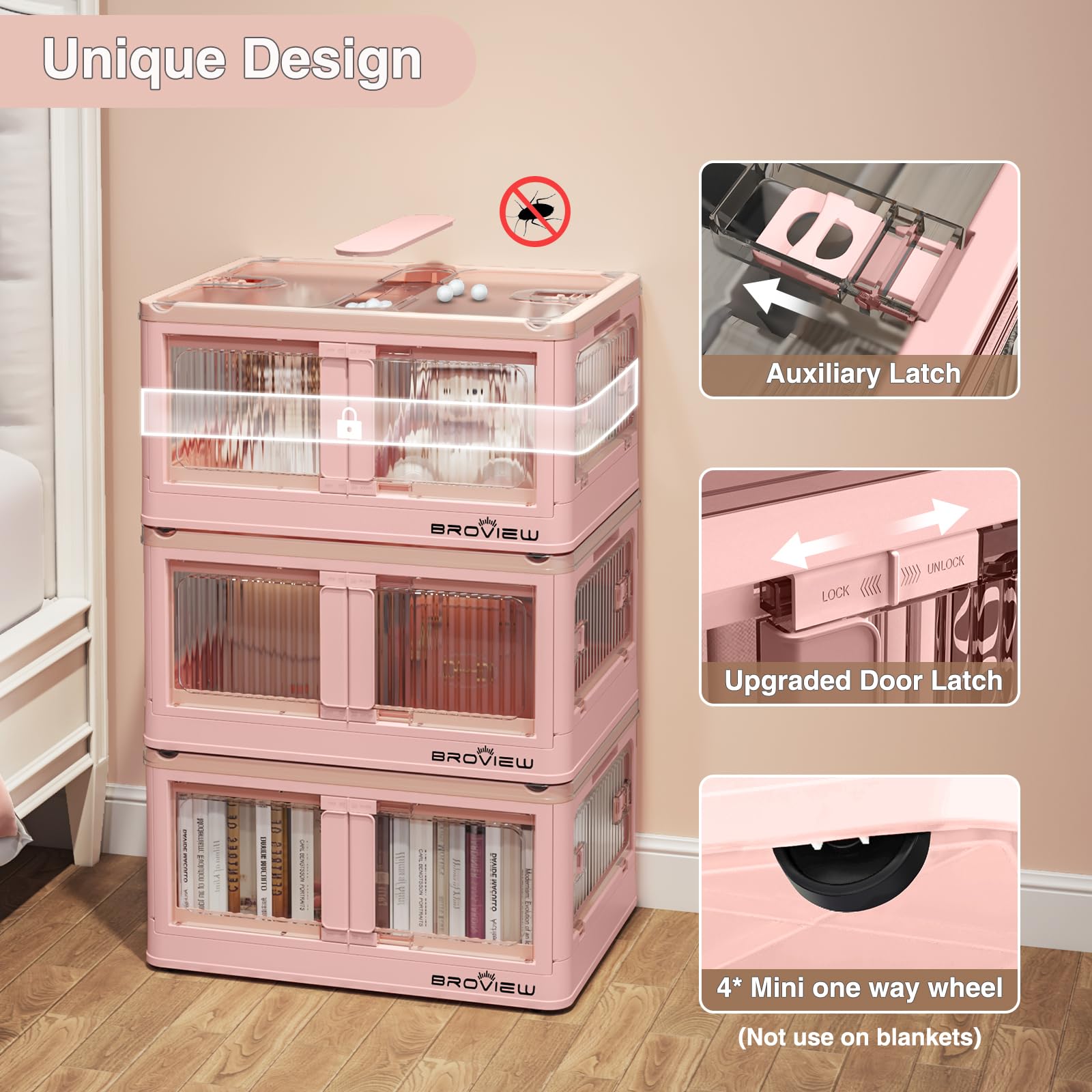 BROVIEW V5 33Gal Stackable Storage Bins with Lids and Wheels, Closet Organizers and Storage, Plastic Collapsible Storage Bins with Doors, Foldable Storage Boxes for Clothing Dorm, 4 Pack Cube Pink