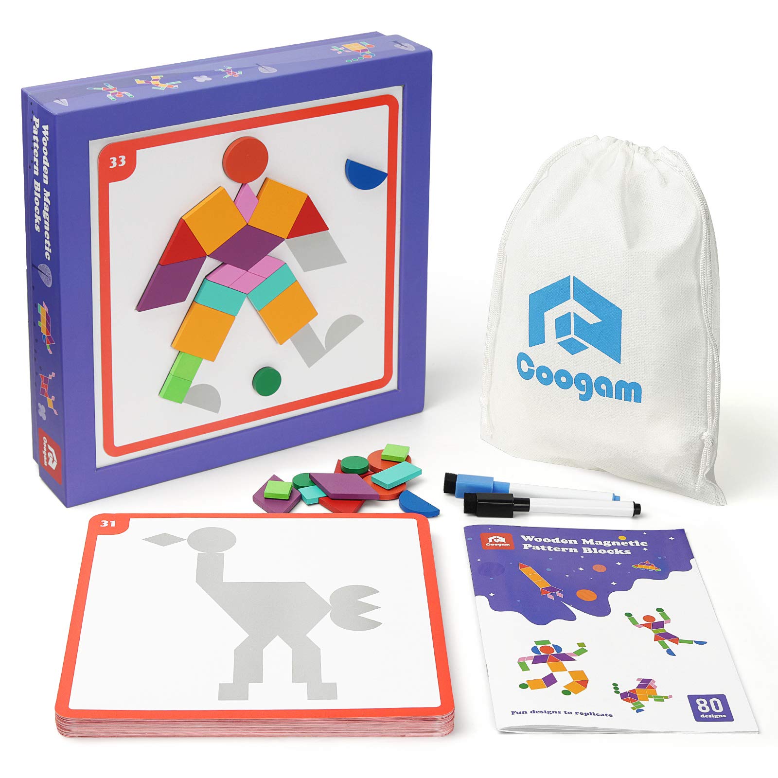 Coogam Wooden Magnetic Shape Puzzle Pattern Blocks Set, Tangram Geometric Manipulative Brain Teasers Toy Montessori Magnet Board Puzzle STEM Gift for Kids with 80 Challenges