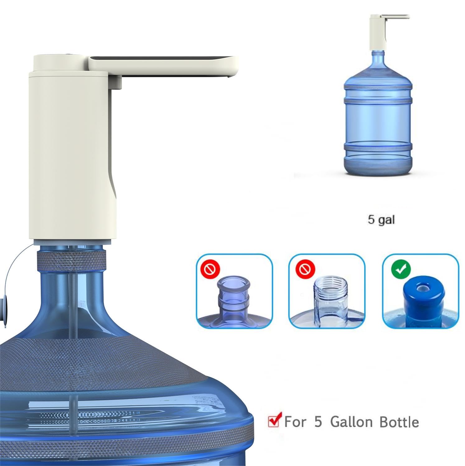 Generic 5 Gallon Water Bottle Pump, Universal for 2-5 Gallon Water Bottle Jug with 3 Modes, Foldable Water Outlet to Remain Clean, Rechargeable Automatic Drinking Water Bottle Dispenser, White, chou8
