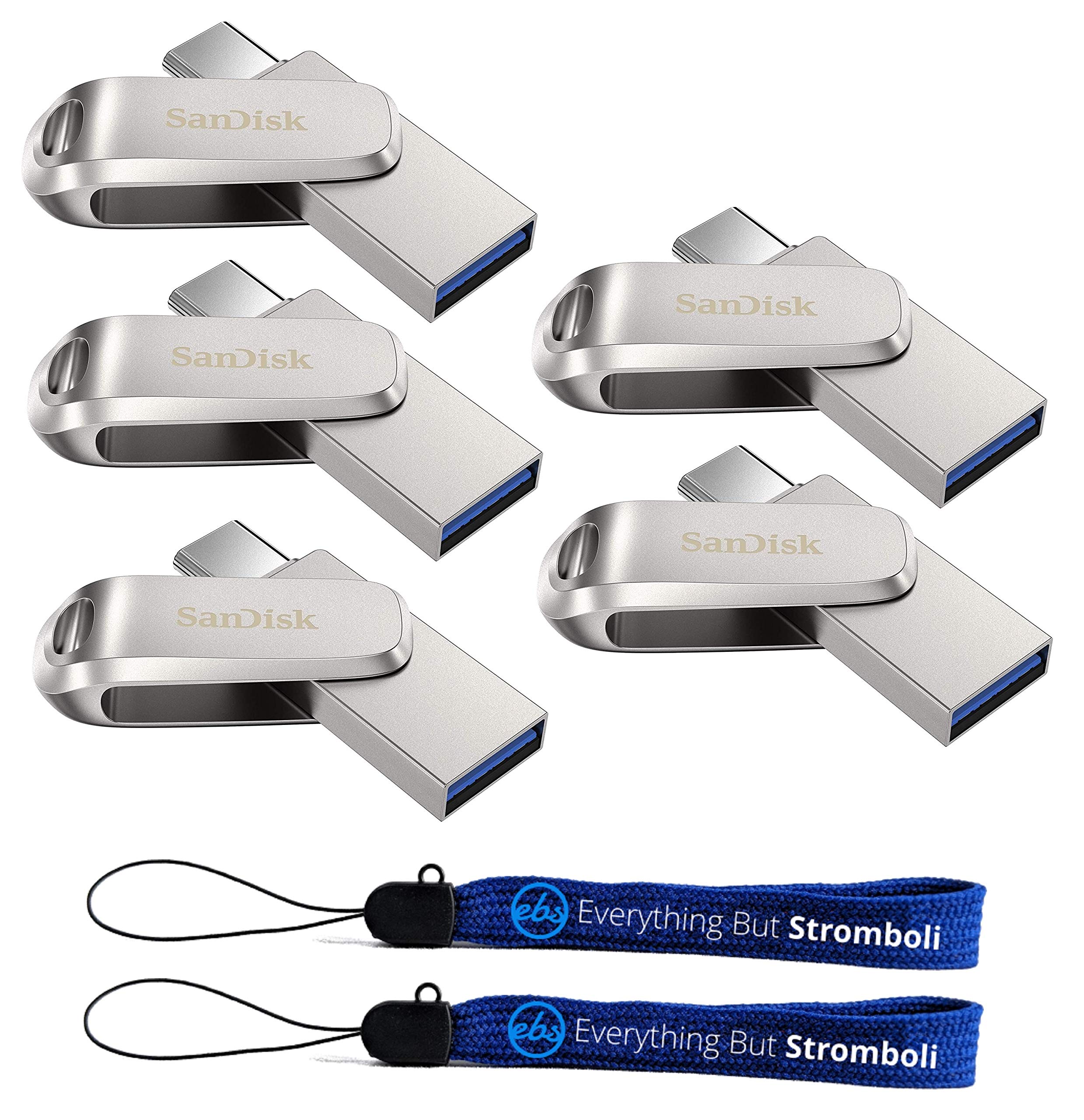 SanDisk Ultra Dual Drive Luxe 32GB Flash Drive (Bulk 5 Pack) USB Type-C for Smartphones, Tablets, and Computers - High Speed USB 3.1 (SDDDC4-032G-G46) Bundle with (2) Everything But Stromboli Lanyards