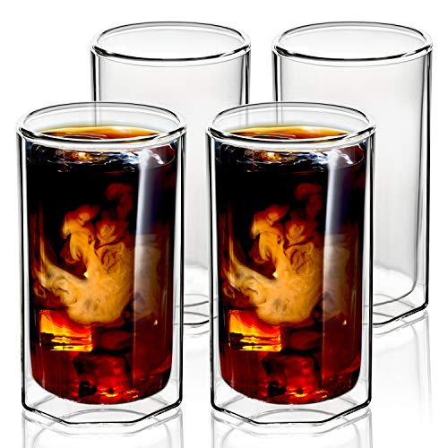 ZENS Double Walled Glasses,Unique Octagonal 13.5 oz Insulated Coffee Mugs Set of 4, Clear Borosilicate Glass Cups for Cappuccino or Latte Macchiato
