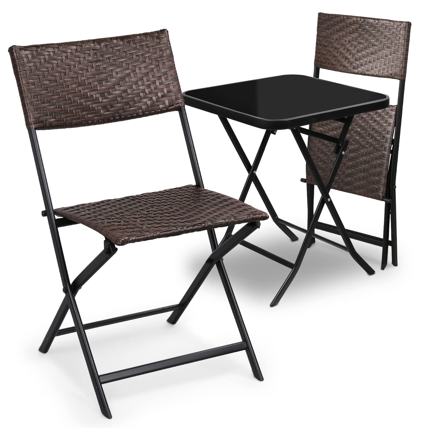 MoNiBloom 3 Piece Patio Bistro Dining Furniture Set, 2 Foldable Chairs and Round Table w/Tempered Glass Tabletop for Lawn Garden Backyard