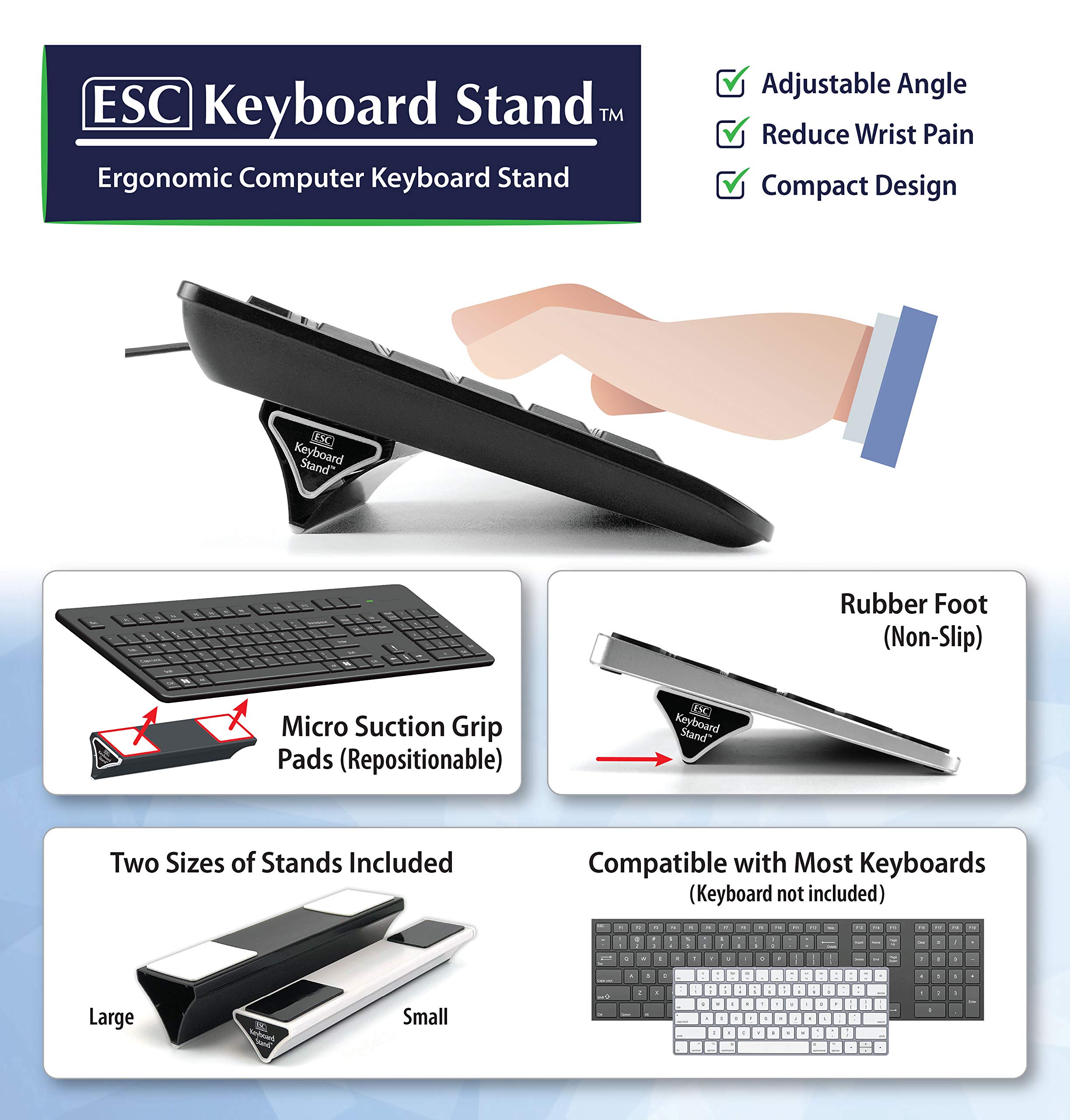 GPG2 ESC Computer Keyboard and Laptop Stand, Ergonomic Angles and Tilt, Two Sizes of Stands Included, Compatible with Flat-Back Keyboard Only