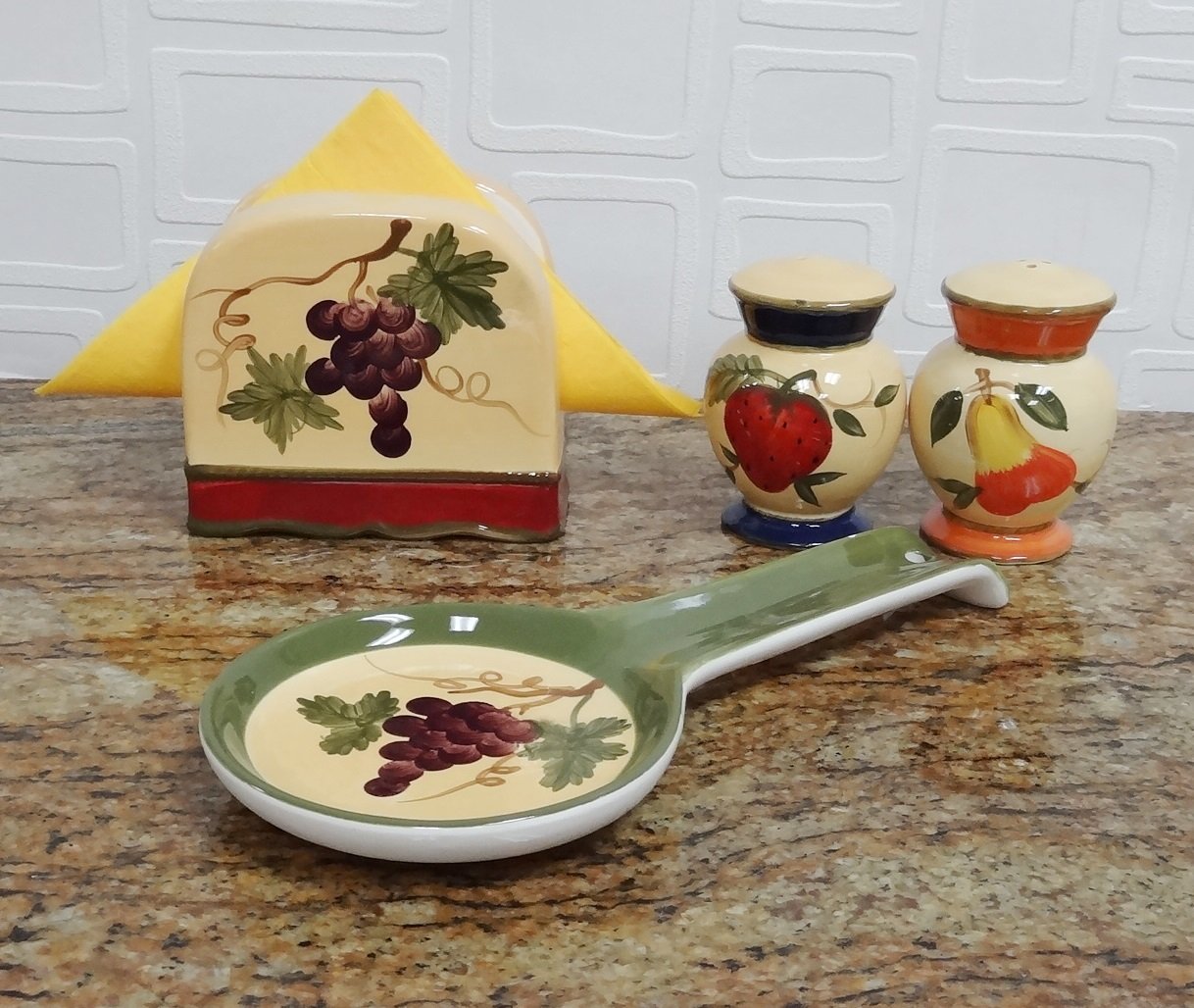 ACK Tuscany Garden Ceramic Colorful Hand Painted Mixed Fruit 4PCs Stove/Table Top Set,Pepper and Salt Shakers,Napkin Holder and Spoon Rest, Kitchen Décor