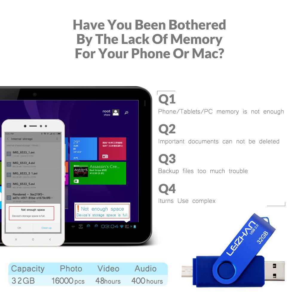 LEIZHAN Micro Flash Drive 128GB USB Drive OTG Micro Android Phone Pendrive Photo Stick USB 2.0 Memory Stick for Samsung Galaxy, Xiaomi,LG,Sony,One-Plus,HTC, Meizu, Blue