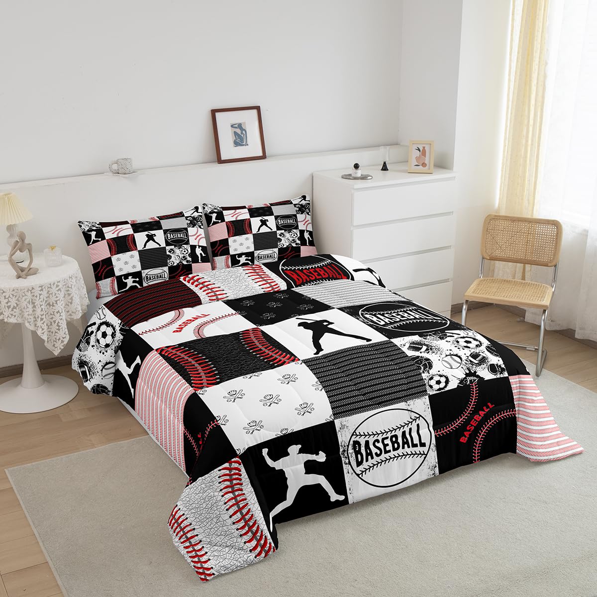 Erosebridal Twin Kids Baseball Comforter Set Softball Bedding Set Sports Game Quilted Comforter for Kids Patchwork Down Comforter Baseball Gift Duvet Insert 2pcs, Red Black Gray,Twin
