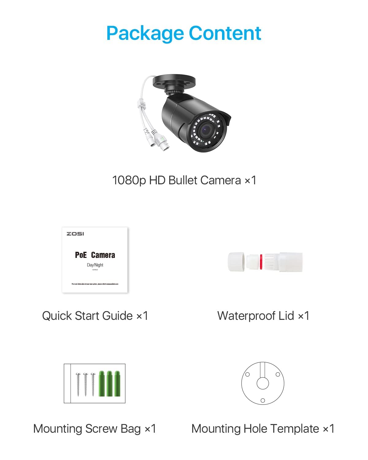 ZOSI H.265+2MP Security POE Camera, 1920x1080, 120ft Night Vision, 3.6mm Lens, IP67 Weatherproof Indoor Outdoor IP Camera 1080p (Only work with ZOSI PoE NVR,Model: 1AR-08EM-00/10/20-US)