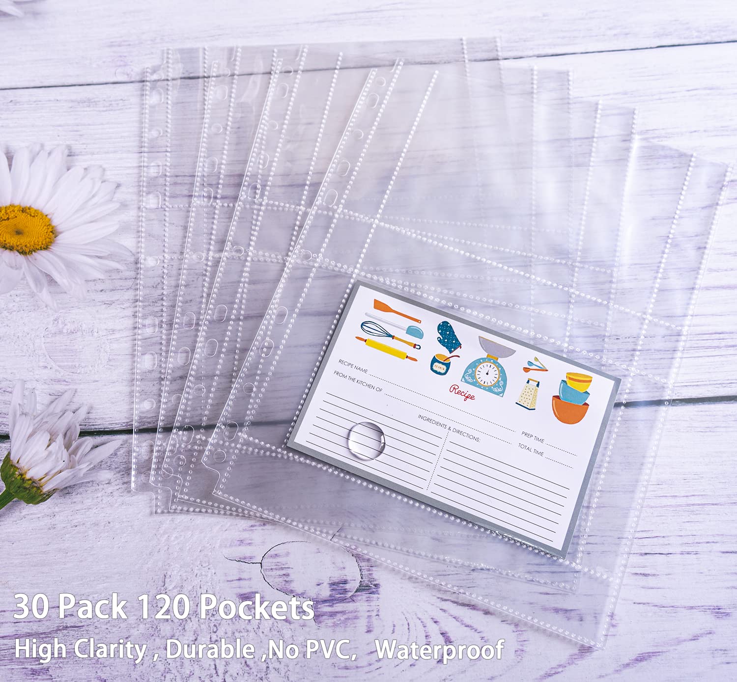 30 Pack 120 Pockets 4x6 Recipe Card Sleeves,3 Ring Binder Recipe Card Protector Pages,Double Sided 2 Pocket Refill Sheets for Recipe Book, 8.5x11 Inch Top Loading Clear Sleeve Sheets