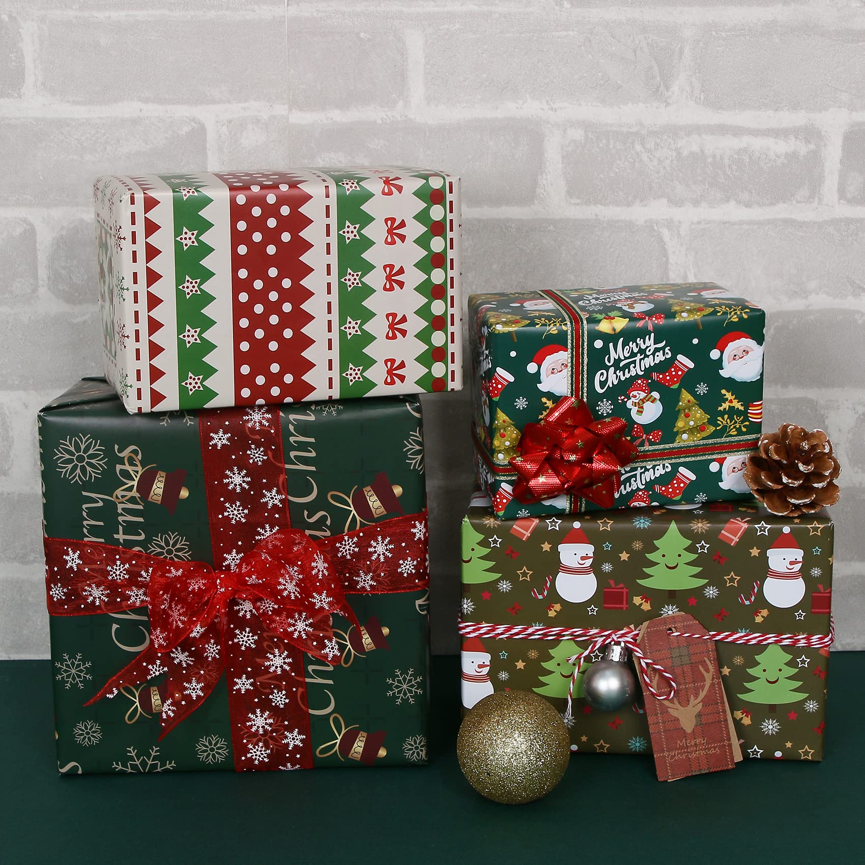 Aimyoo Vintage Red Green Christmas Wrapping Paper Jumbo Roll, Xmas Gift Wrap Paper 17 in x 32 ft, Snowflakes Bows Stars Dots Stripes Design