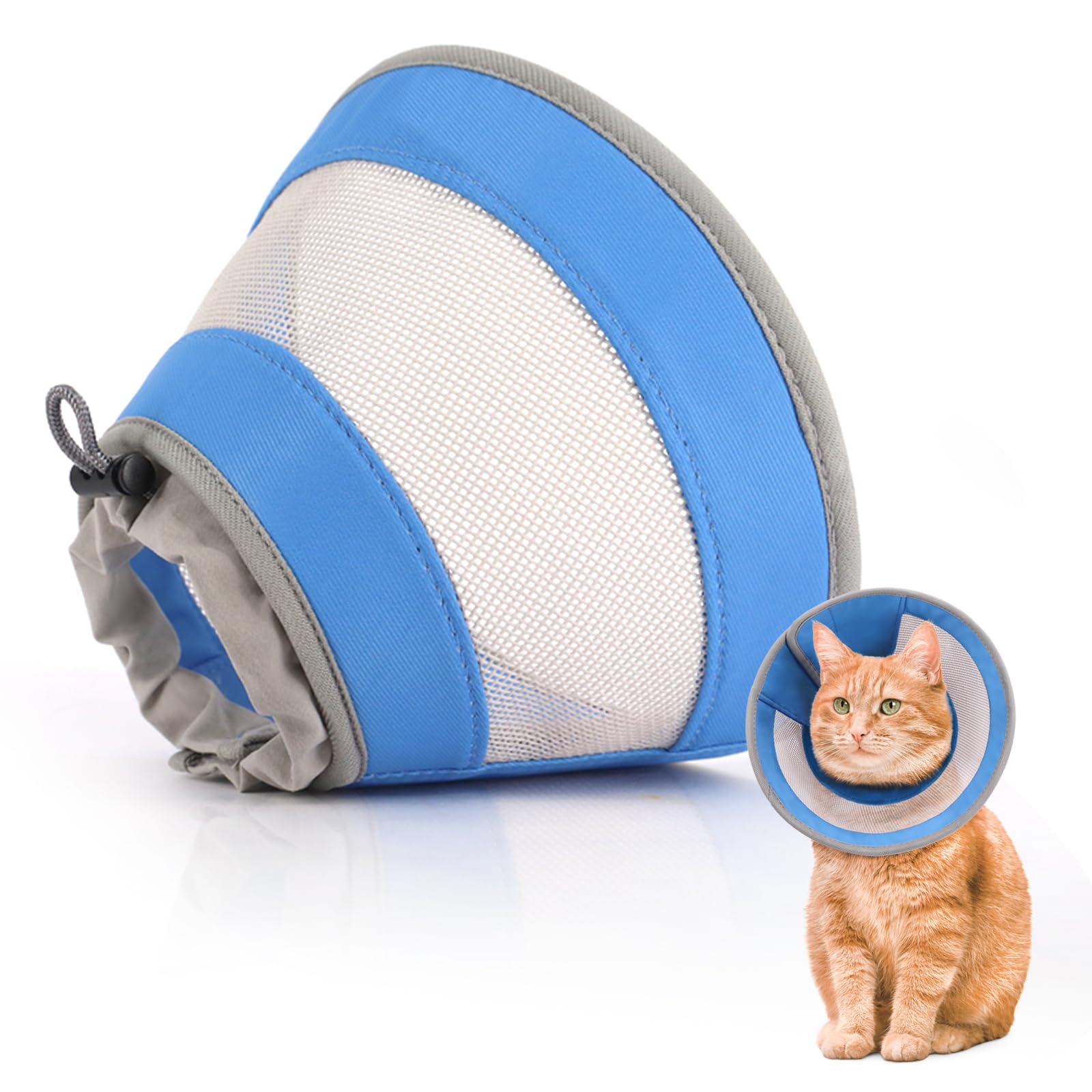 GoGoPaw Cat Cone, Breathable Cat Cone Collar Soft, Adjustable Cat Cone to Stop Licking, Water Resistant Neck Cone for Cats with Air Mesh, Protective Cat Recovery E Collar for Cat Kitten(Blue, M-2