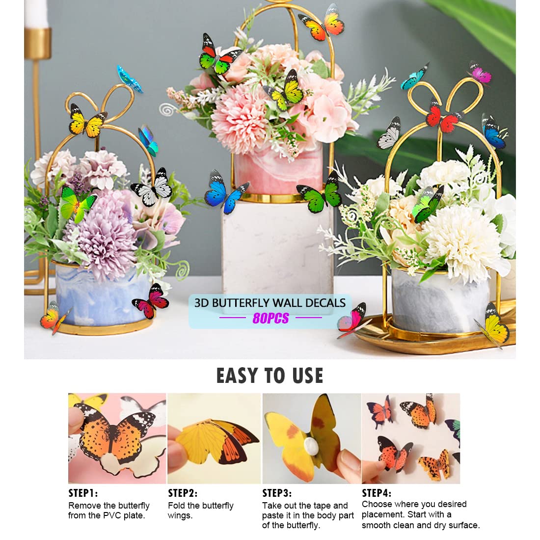 80pcs Butterfly Wall Decor - Plastic Butterflies Wings Foldable Removable Waterproof Reusable Mural Wall Stickers for Home Room Bedroom Nursery Party Wedding Christmas Decorations
