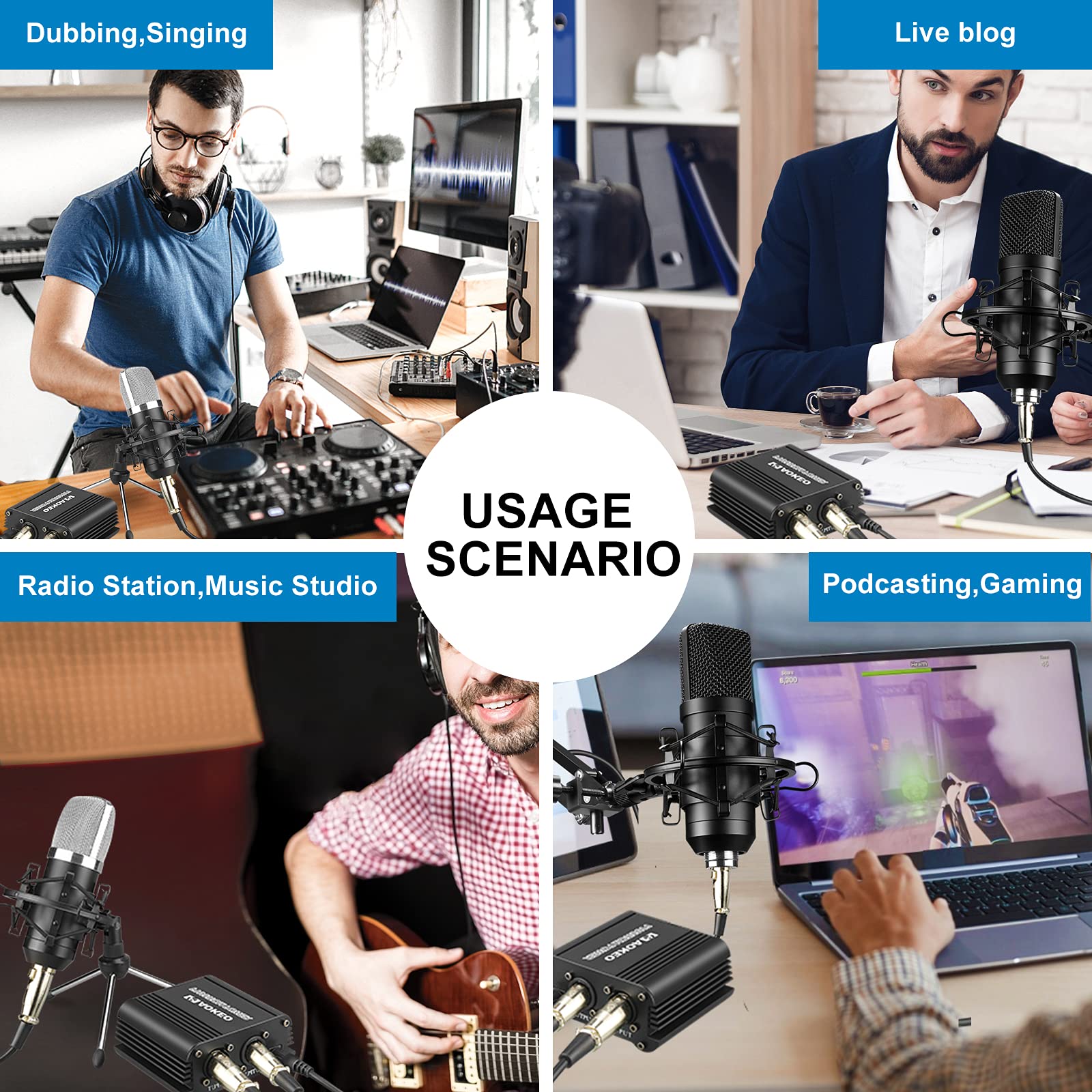 Aokeo 48V Phantom Power Supply Powered by USB Plug in, Included with 8 feet USB Cable, Bonus + XLR 3 Pin Microphone Cable for Any Condenser Microphone Music Recording Equipment