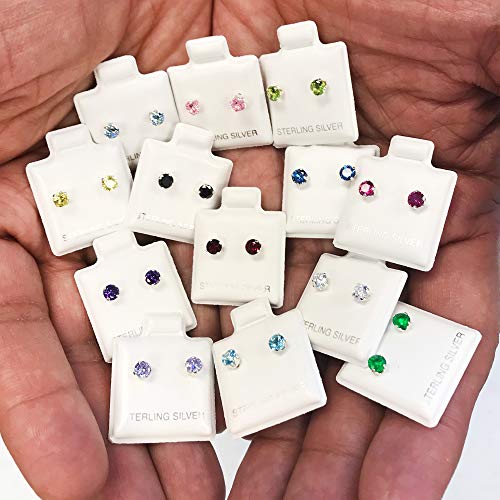4mm Round Cubic Zirconia Birthstone Post Back 925 Sterling Silver Stud Earrings for Women Set for 13 Colors