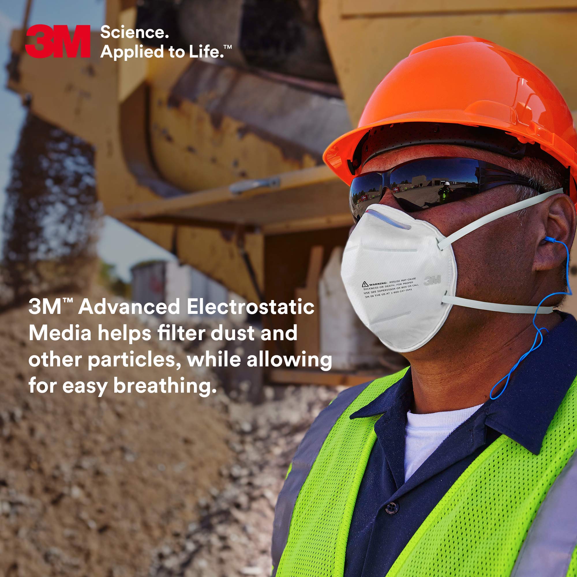 3M N95 Disposable Respirator, 9010, Pack of 50, Flat Fold, Individually Packaged, NIOSH Approved, Advanced Electrostatic Media, Stapled Headband, Soft Inner Layer