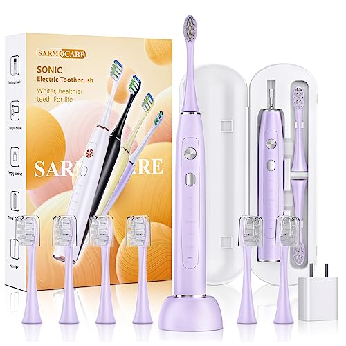 SARMOCARE Sonic Electric Toothbrush, Travel Rechargeable Toothbrushes for Adults Kids with 5 Modes and 6 Brush Heads, Waterproof,Smart Timer & Travel Case Included-Purple