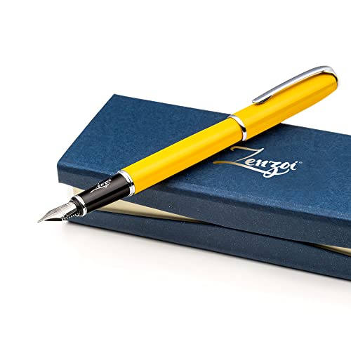 ZenZoi Yellow Fountain Pen Fine Nib - Luxury Pen For Women Men W/Schmidt Quality Tip. Refillable Smooth Writing Pen For Journaling, Drawing. Stylish High End Gift Box W/Ink Converter & Ink Cartridge