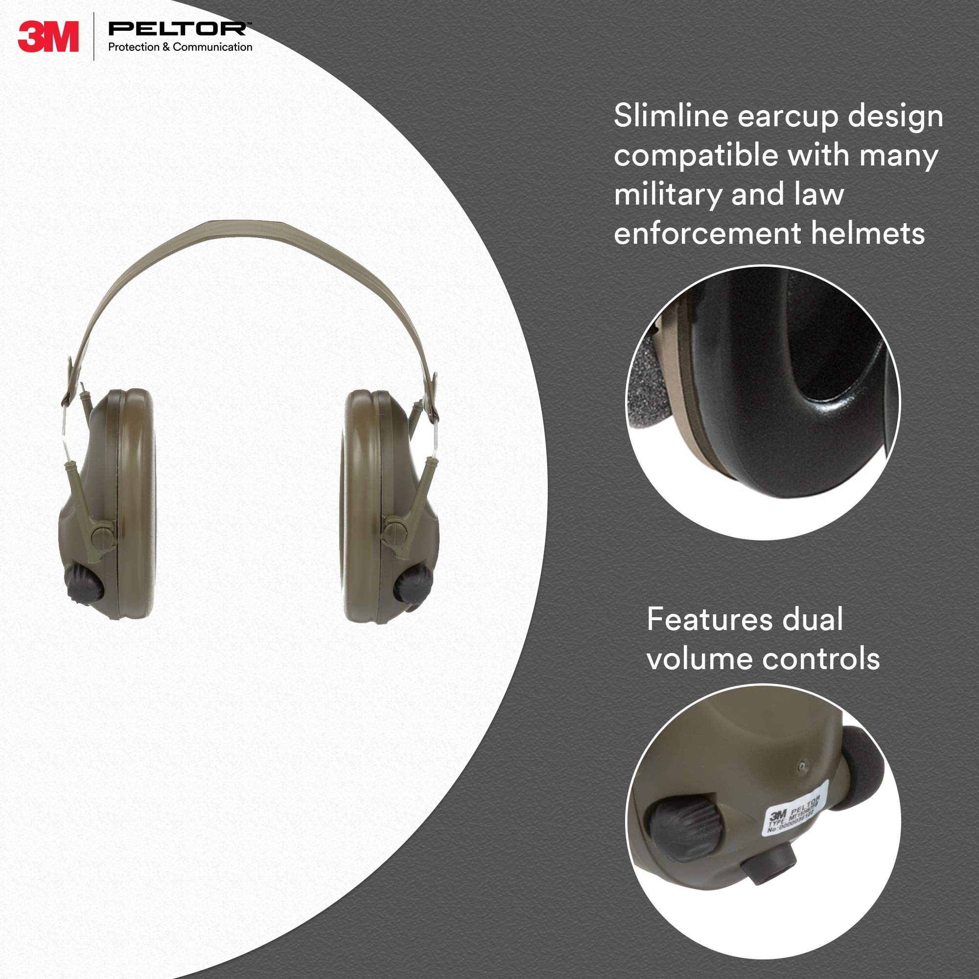 3M Peltor Tactical 6-S Slim Line Electronic Headset with Audio Input Jack, Olive Green, Hearing Protection, Ear Protection, NRR 20 dB, Great for hunters and shooters