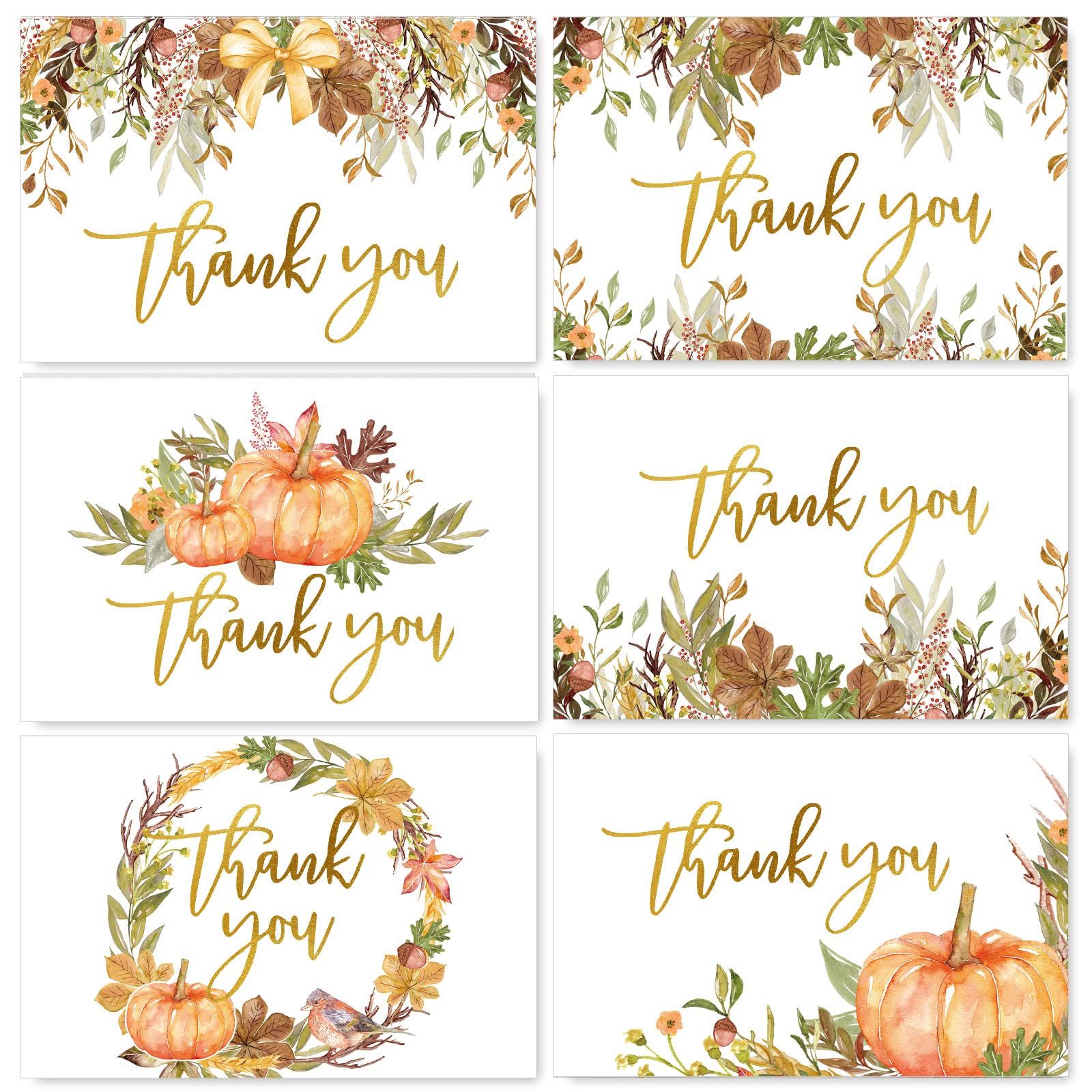AnyDesign 30 Pack Fall Gold Foil Thank You Cards Bulk Watercolor Maple Leaves Pumpkin Greeting Cards with Envelopes Stickers Blank Note Cards for Autumn Thanksgiving Baby Shower