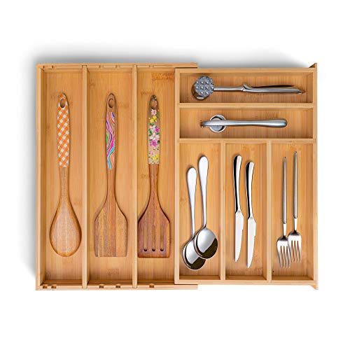 ZESPROKA Bamboo Kitchen Drawer Organizer for Utensils, Silverware, Flatware, Spoons, Fork & Knives–Adjustable Cutlery Tray Divider for Storage & Organization –8 Compartments