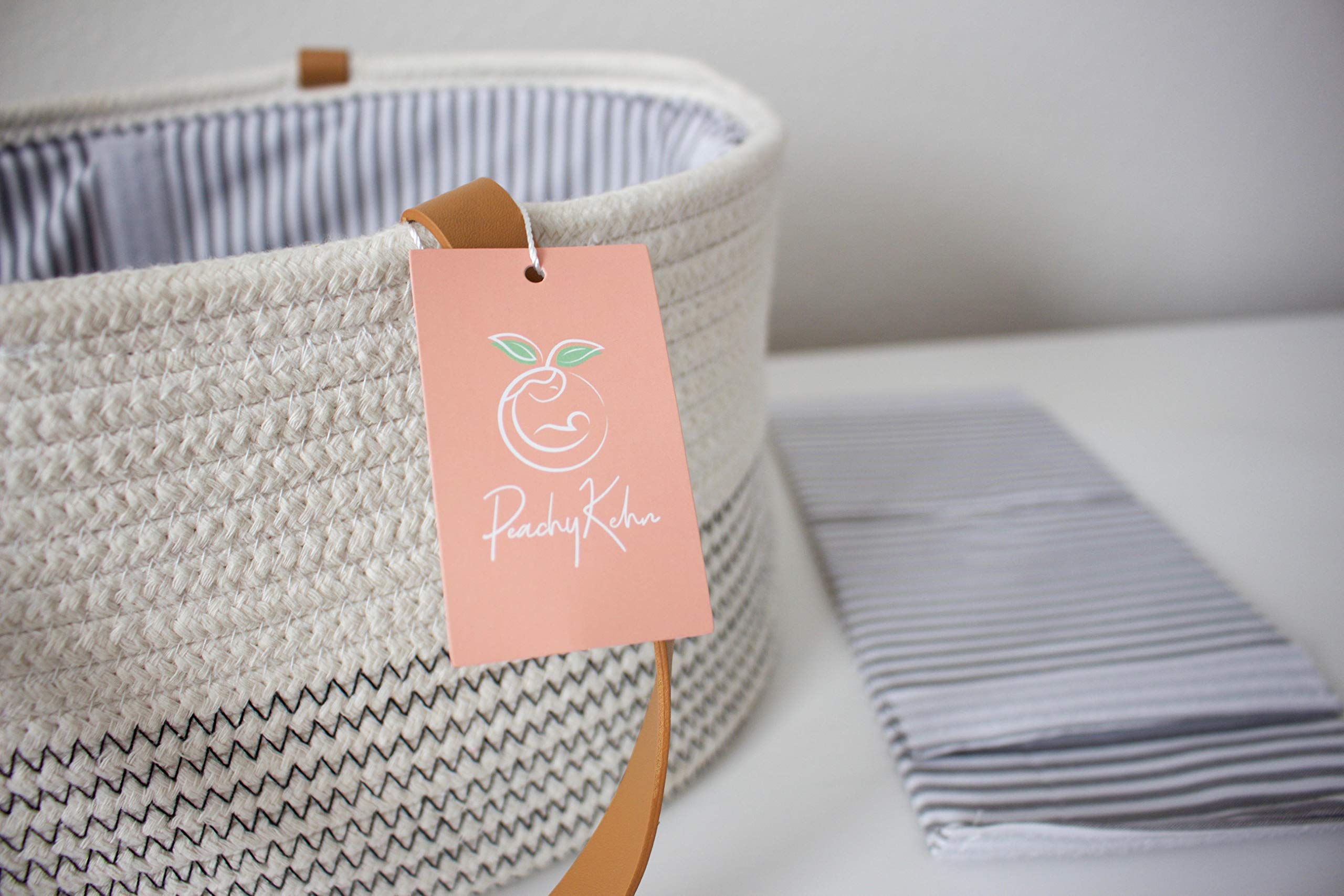 PeachyKehn Rope Baby Diaper Caddy Organizer – Trendy Nursery Storage Bin – Large Woven Cotton Tote with Removable Inserts and Eco Leather Handles – Baby Car Organizer or Shower Gift Basket