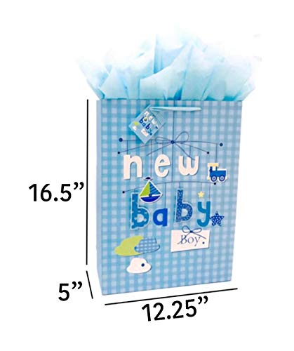 Golden J Store 16.5" Extra Large Baby Gift Bags with Tissue Papers for Baby Showers 2-Pack (Blue)