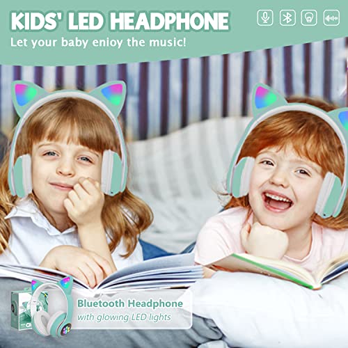KERHAND Bluetooth Headphones for Kids, Cute Ear Cat Ear LED Light Up Foldable Headphones Stereo Over Ear with Microphone/TF Card Wireless Headphone for iPhone/iPad/Smartphone/Laptop/PC/TV (Green)