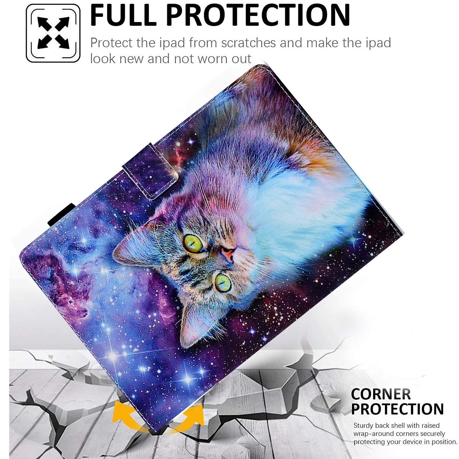 KEROM Case for iPad 9.7 inch (Fits iPad 6th/5th Generation 2018/2017, Also Fits iPad Pro 9.7 and iPad Air 2/1), Premium PU Leather Smart Folio Stand Cover with Auto Sleep Wake, Space Cat