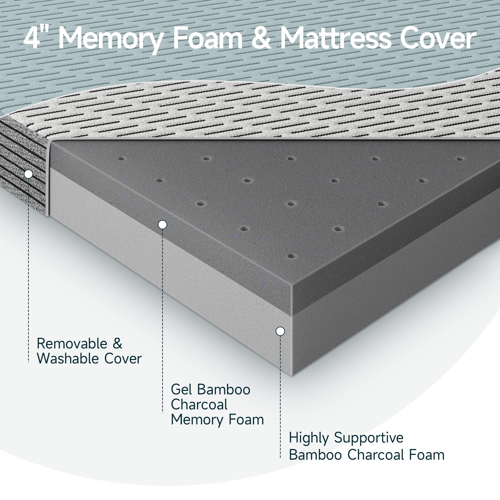4 Inch Gel Bamboo Charcoal Memory Foam Mattress Topper with Removable Soft Cover, Queen Size, Dual Layer Foam Bed Topper for Back Pain, Pressure Relief, Soft Firmness - CertiPUR-US Certified
