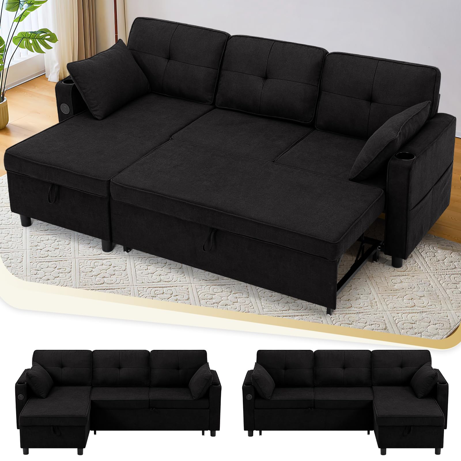 ACMEASE 84" L-Shaped Pull Out Sofa Bed w/Storage Chaise, Tufted Sectional Sofa w/USB Port, Chenille Sleeper Couch w/Cup Holders for Living Room, Orange