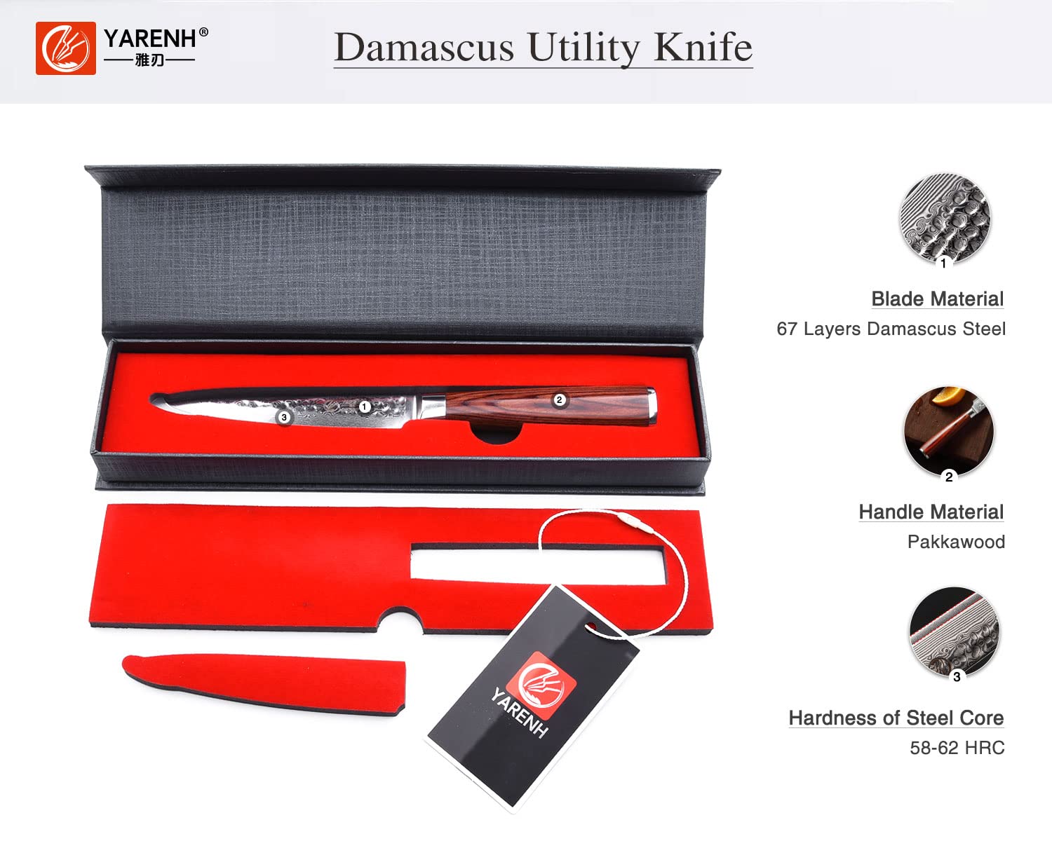 YARENH Kitchen Knife,Fruit Knife 5 inch,Damascus Steel Blade,High Carbon,67 Layers,Full Tang,Kitchen Utility Knife for Professional Chef,Pakka Wood Handle,Gift Box Packaging, HYZ-Series