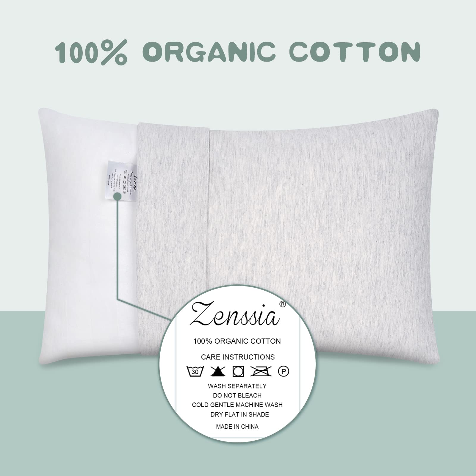 Zenssia Organic Cotton Toddler Pillowcase/Travel Pillowcase Pack of 2 Set 13x18 Inches with Envelope Closure - Soft & Breathable Baby Pillow Case Cover Solid Gray